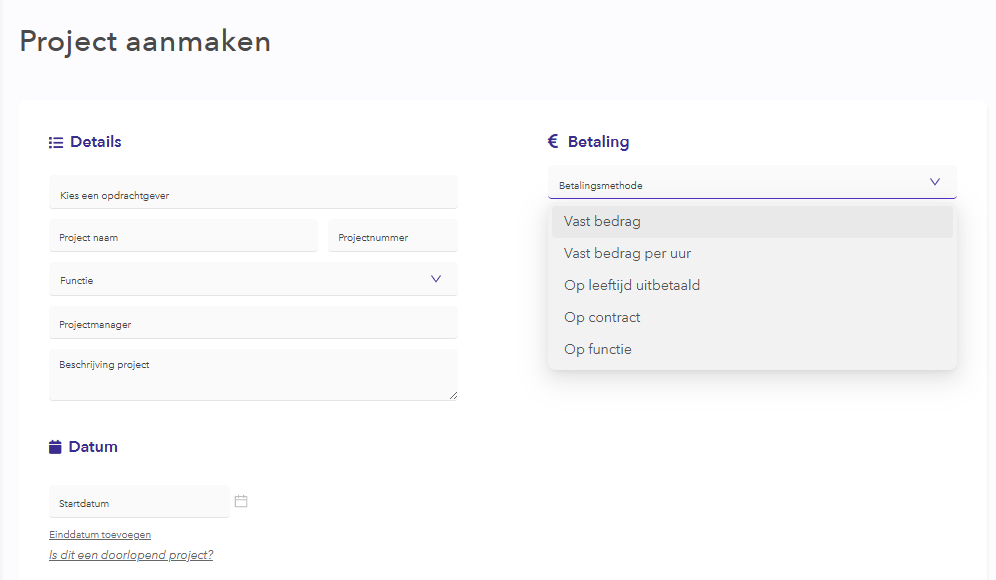 Welke betalingsmethode moet ik kiezen bij het aanmaken van een project?